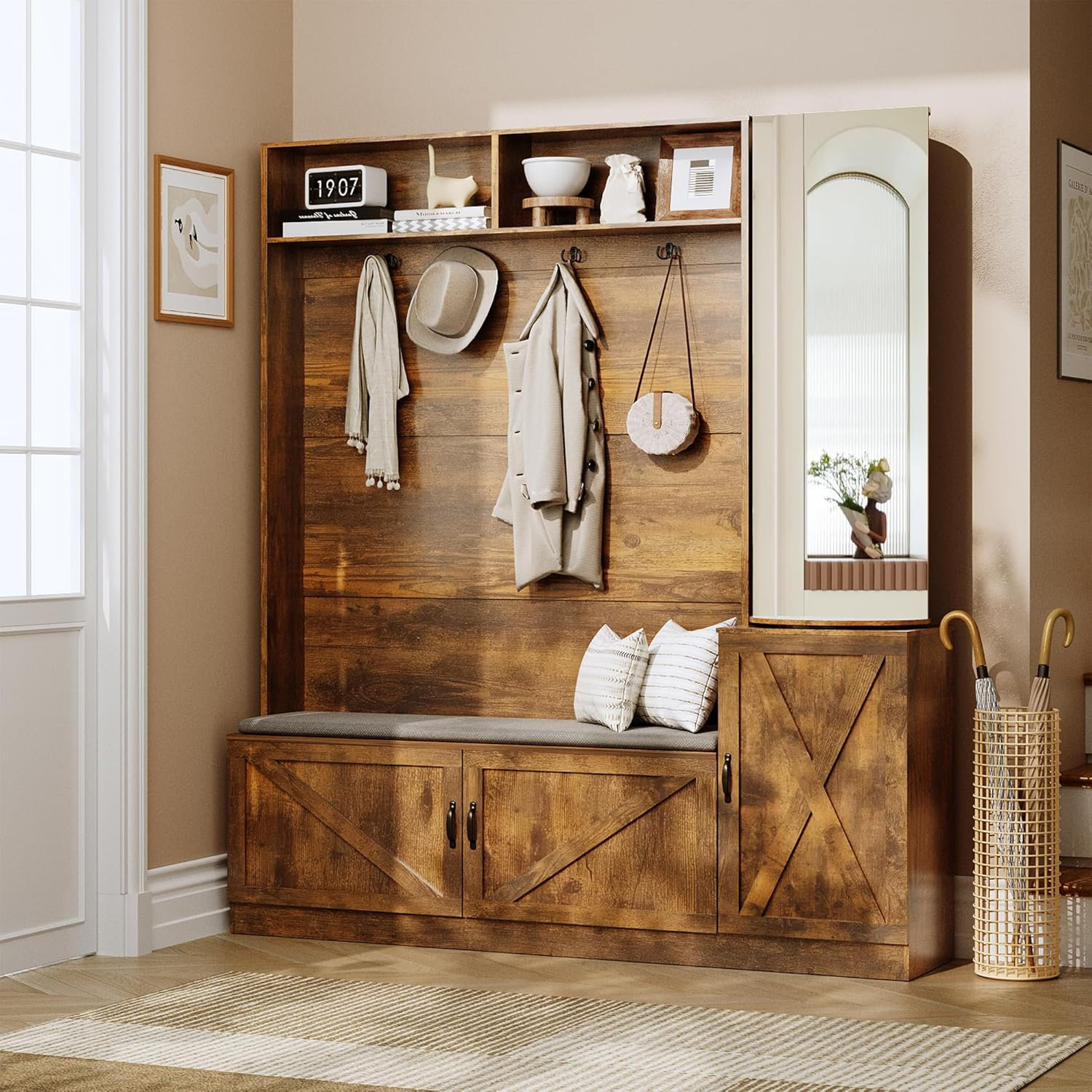 AGROTECH AVS 79" Hall Tree with Bench and Shoe Storage, Tall Coat Rack with Mirror and Hidden ...